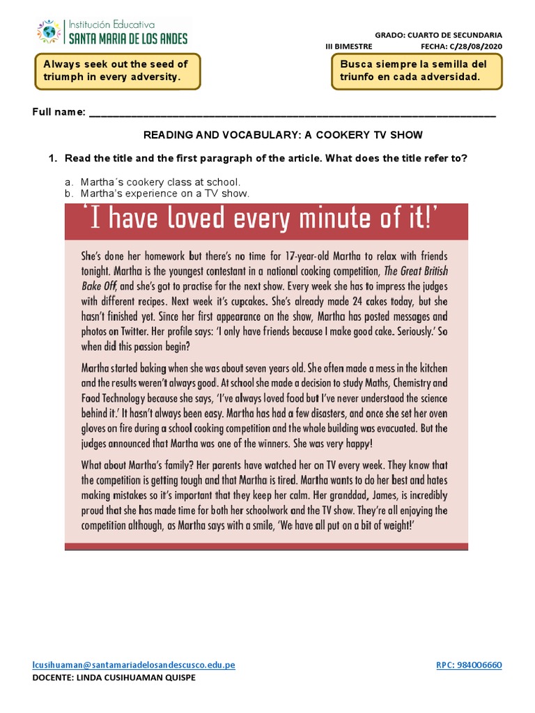 Reading and Vocabulary A Cookery TV Show | PDF | Language Mechanics ...