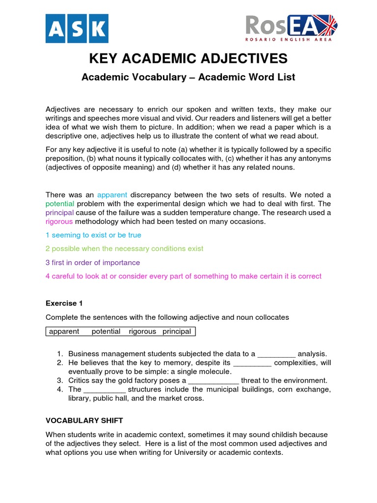 Key Academic Adjectives: Academic Vocabulary - Academic Word List ...