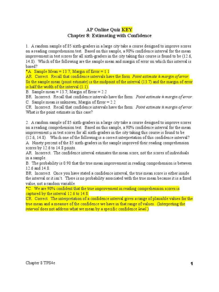 AP Online Quiz KEY Chapter 8: Estimating With Confidence | PDF ...