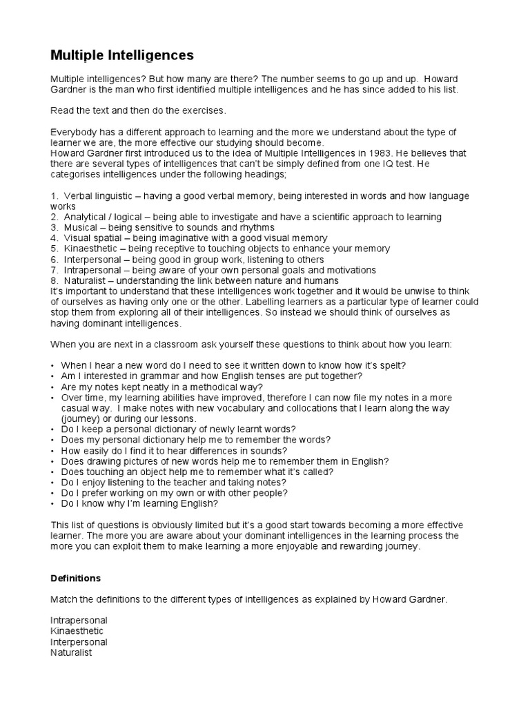 Multiple Intelligences: Definitions | PDF | Intelligence | Behavior Modification