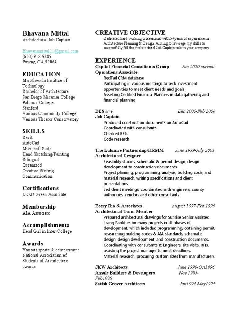 Bhavana Mittal Arch Resume | PDF | Architect | Economic Sectors