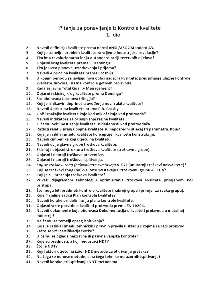 Kontrole Kvalitete K1 Pitanja | PDF