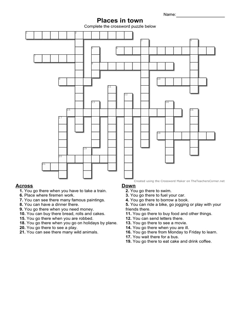 Town Places Crossword Puzzle | PDF