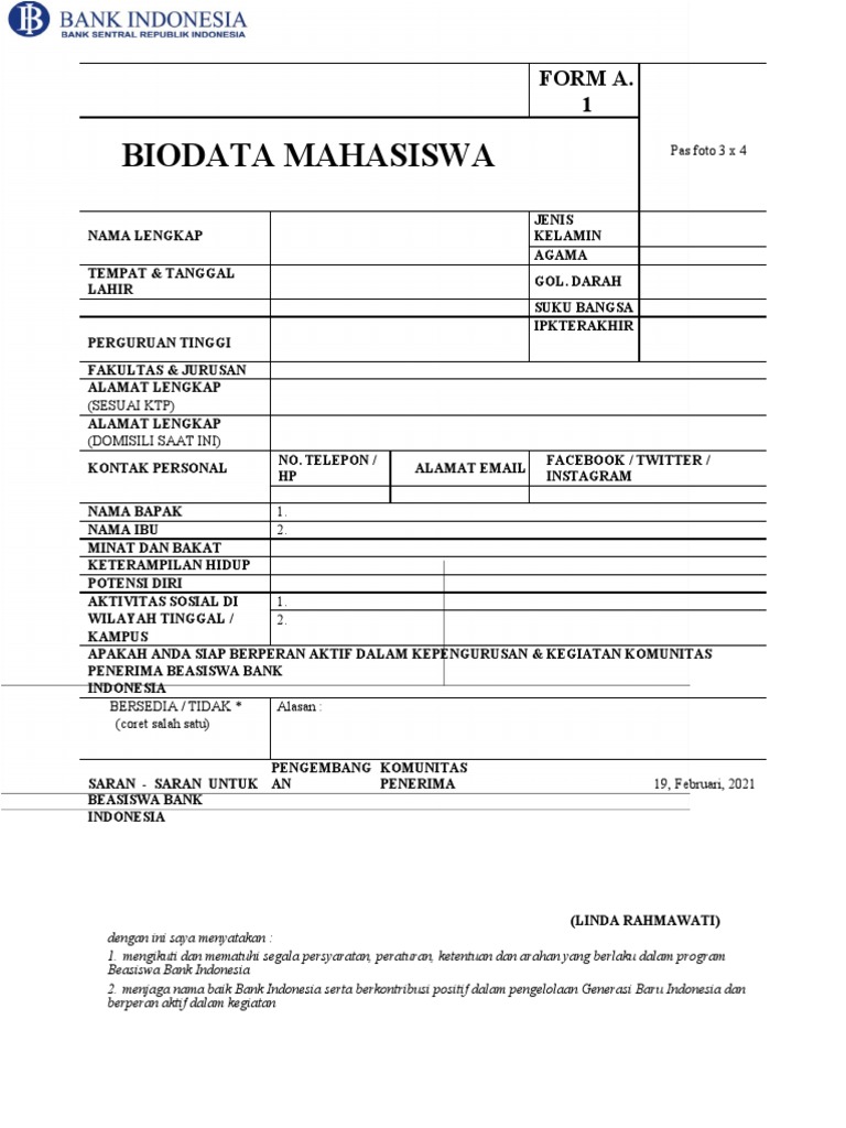Formulir Biodata Beasiswa Bank Indonesia | PDF