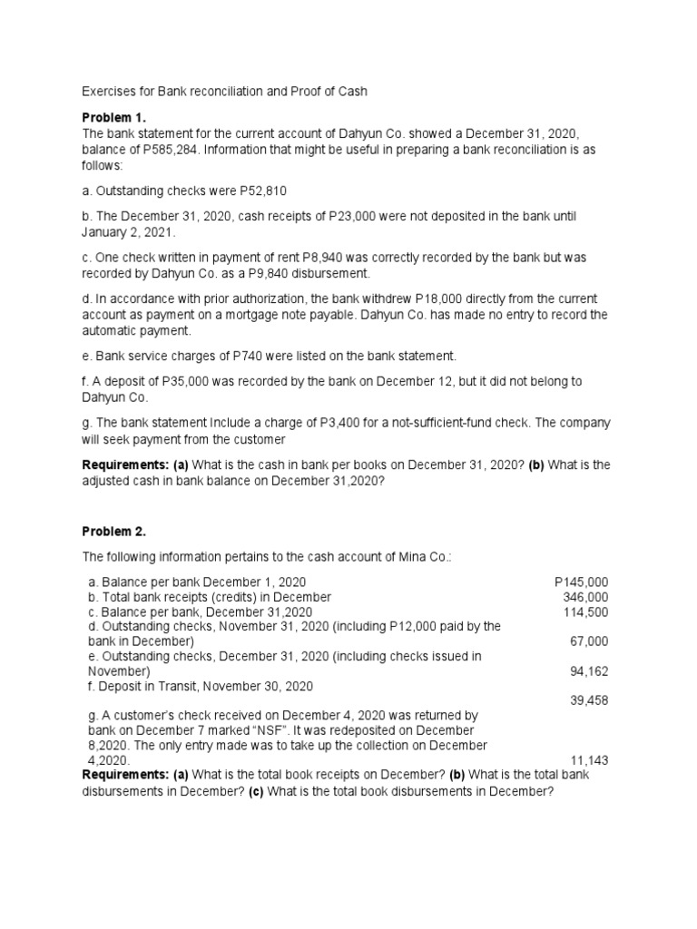 Exercises For Bank Reconciliation and Proof of Cash | PDF | Receipt | Banks