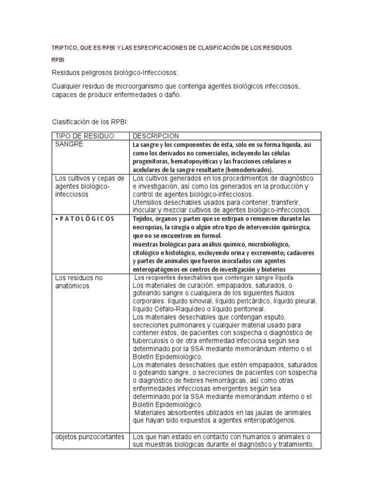 Info para Tripticos MANEJO DE RPBI | PDF | Residuos | Sangre
