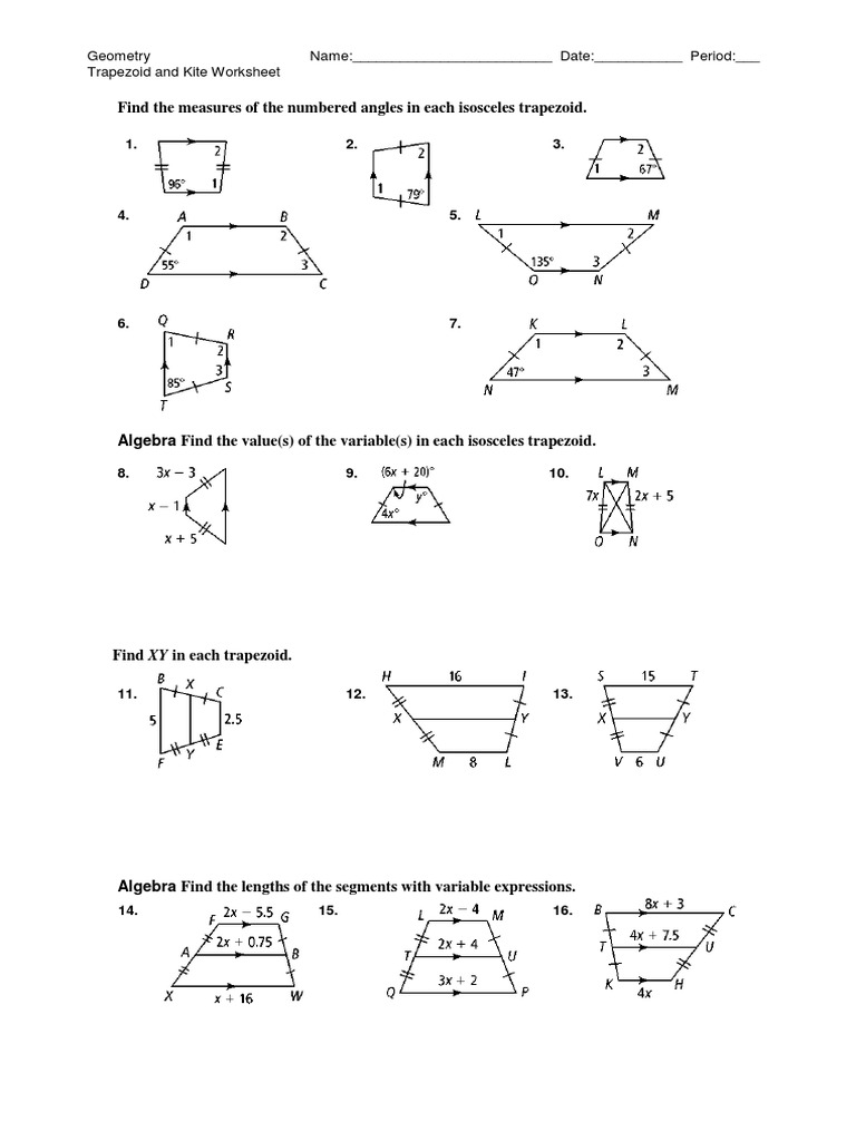 Geometry Trapezoid and Kite Worksheet | PDF