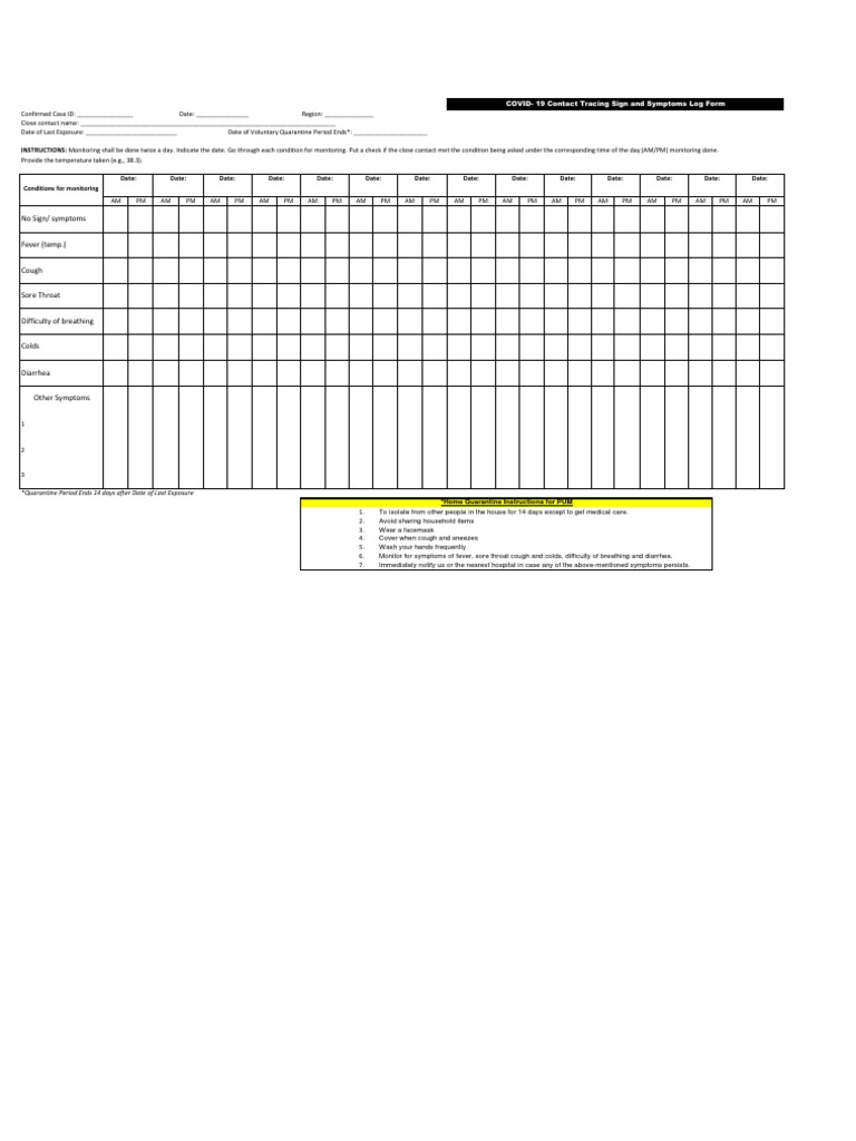 COVID - 19 Contact Tracing Sign and Symptoms Log Form PDF | Download ...