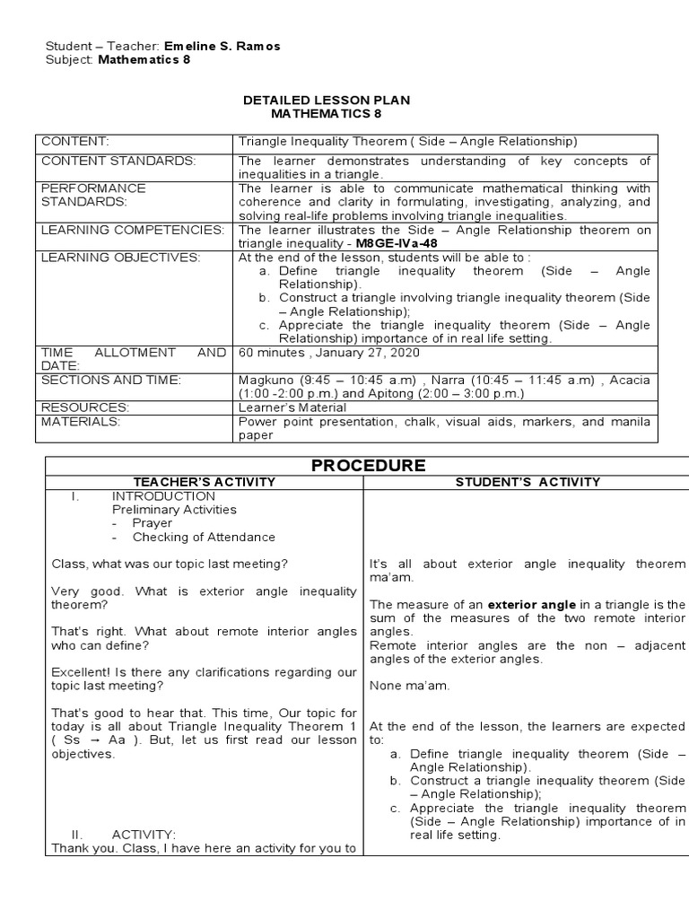Detailed Lesson Plan Mathematics 8: Procedure | PDF | Triangle | Angle