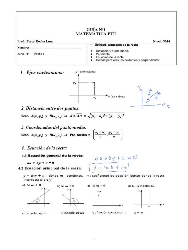 Pauta Guía N°1 (Ecuacion de La Recta) | PDF