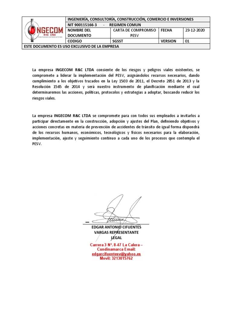 Carta de Compromiso Pesv | PDF