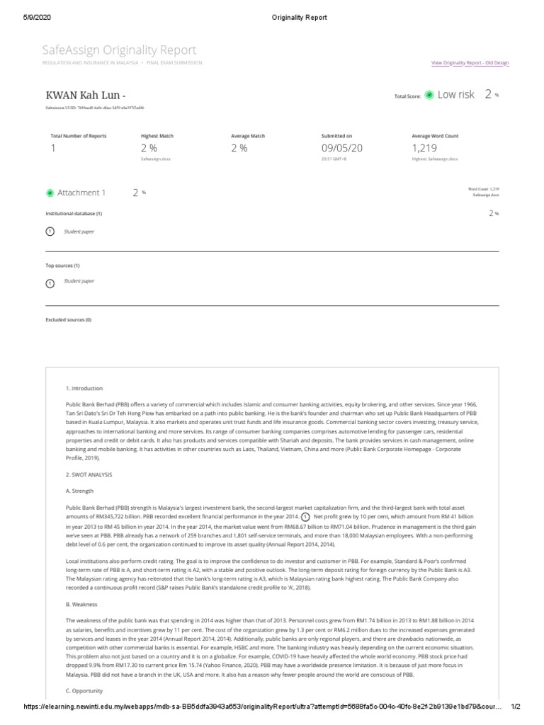 Safeassign Originality Report: Low Risk Kwan Kah Lun | PDF | Banks | Loans