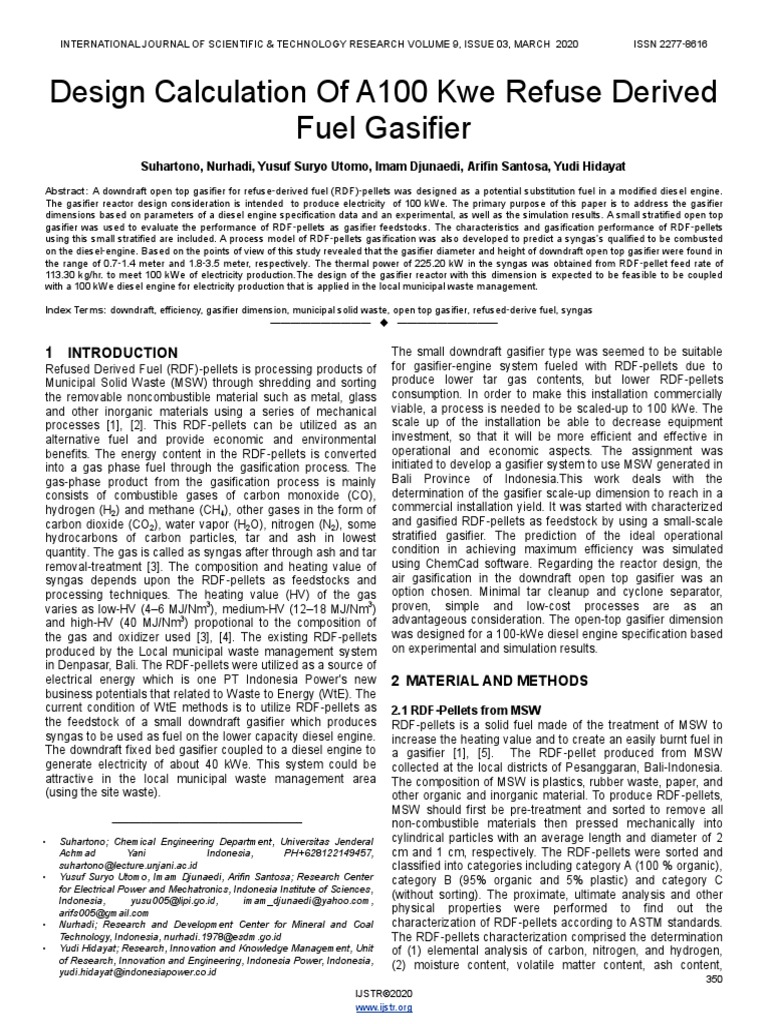 Design Calculation of A100 Kwe Refuse Derived Fuel Gasifier | PDF ...