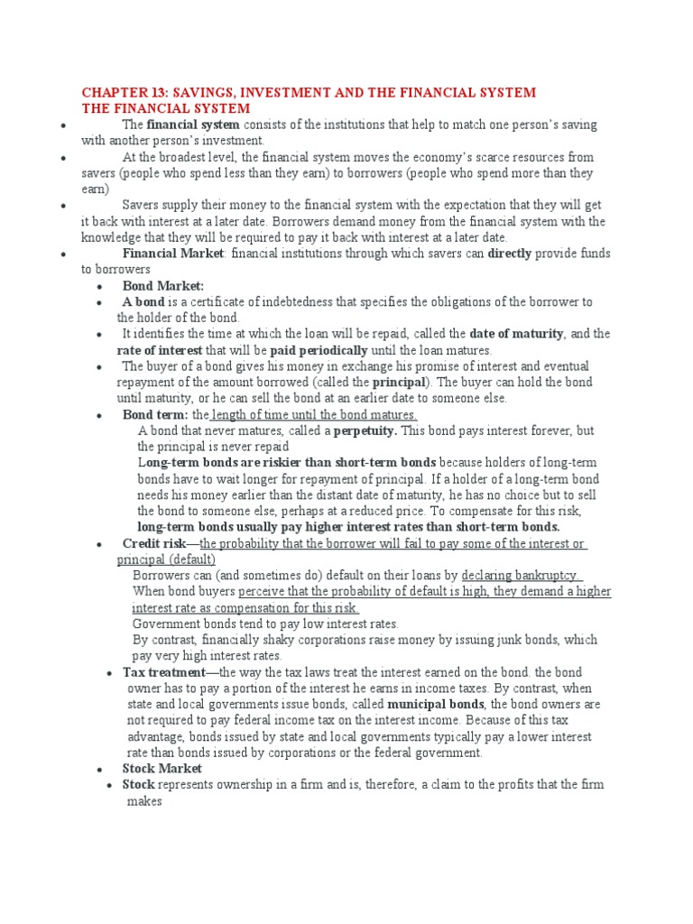Macroeconomics Chap 13 Financial System | PDF | Interest | Bonds (Finance)