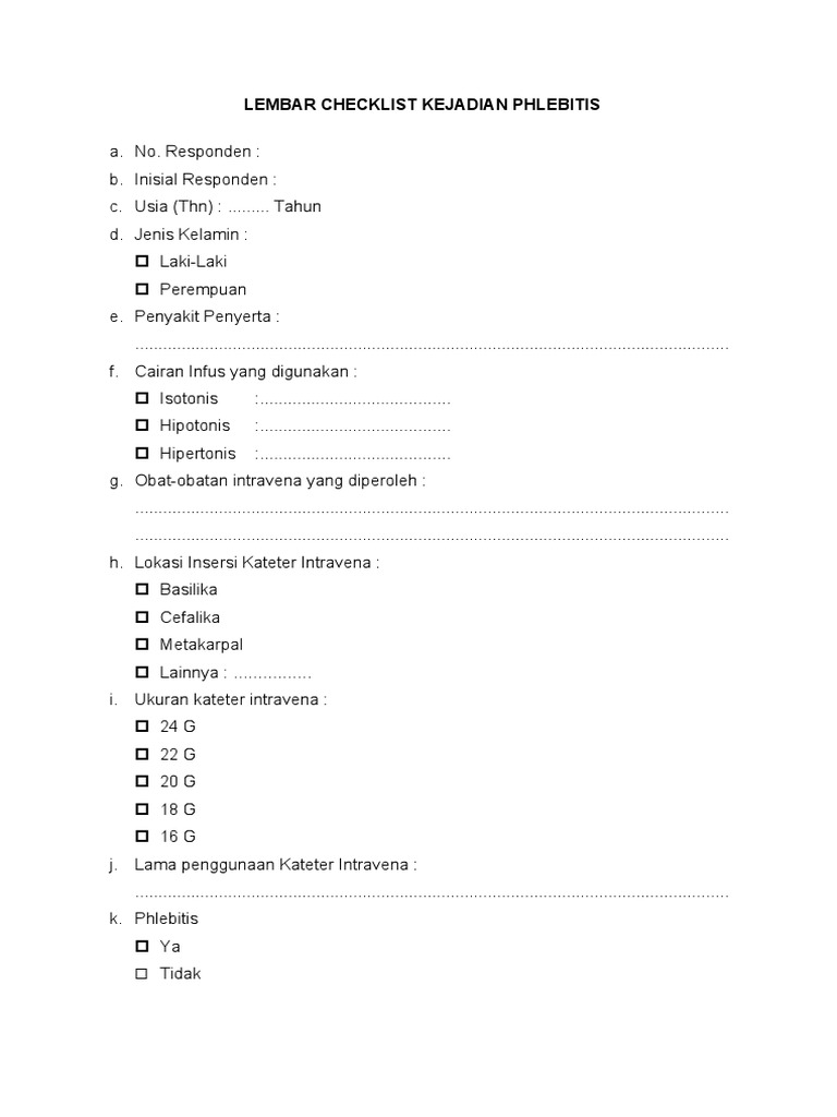 Lembar Checklist Kejadian Phlebitis | PDF