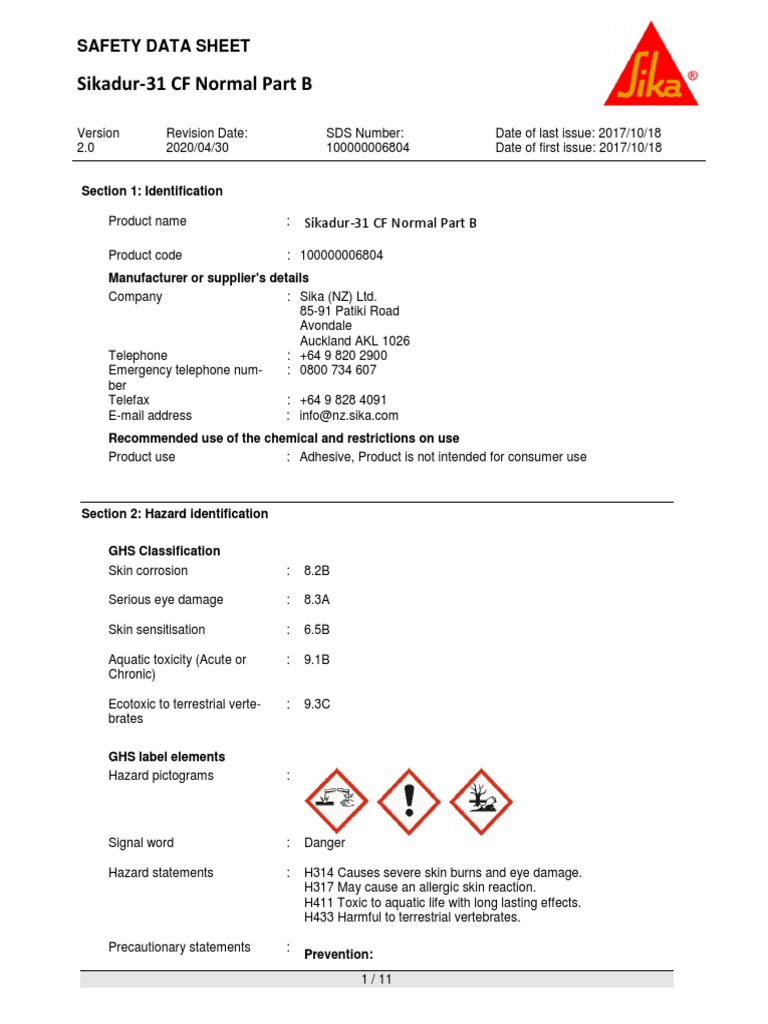 Sikadur-31 CF Normal (Comp B) - MSDS - 1.2 KG Unit Only | PDF ...