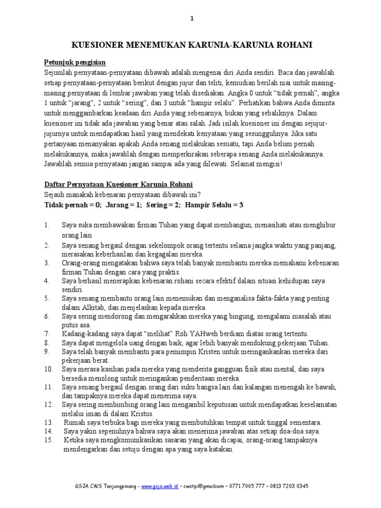 Kuesioner Menemukan Karunia Karunia Roha | PDF | Agama & Spiritualitas