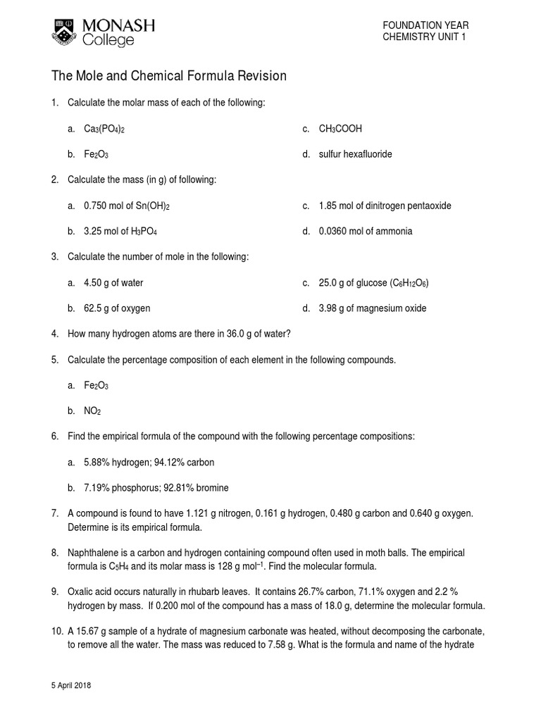 Chemistry Mole and Formula Calculations | PDF | Science & Mathematics