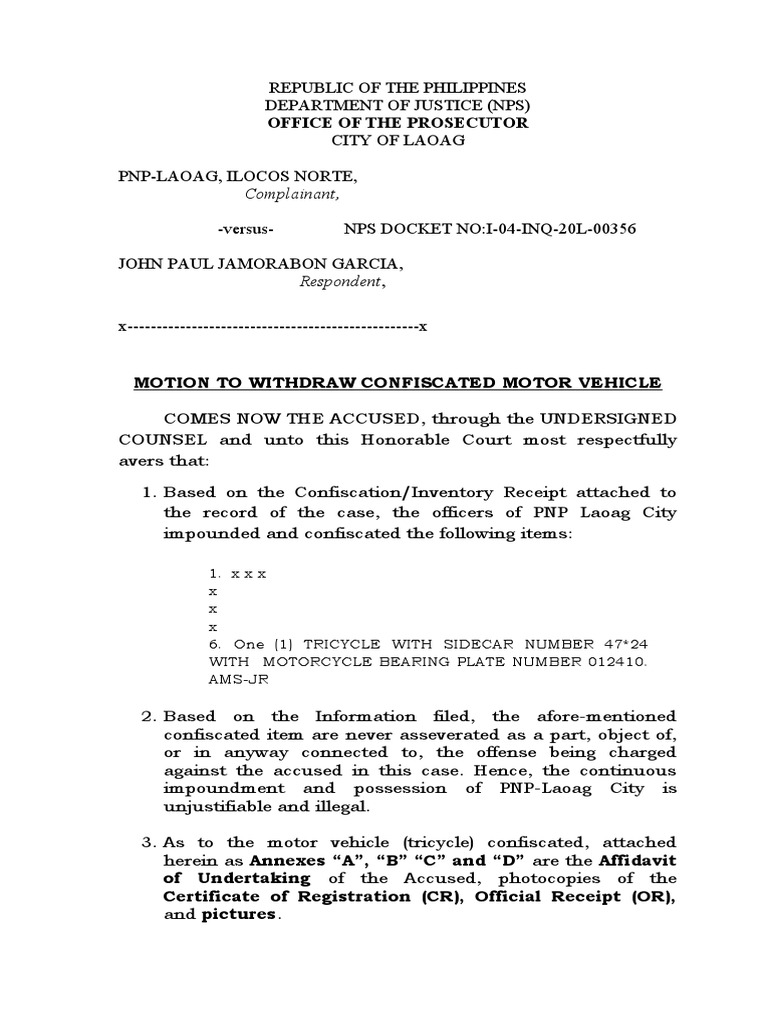 Motion to Release Confiscated Tricycle | PDF | Legal Procedure | Common Law