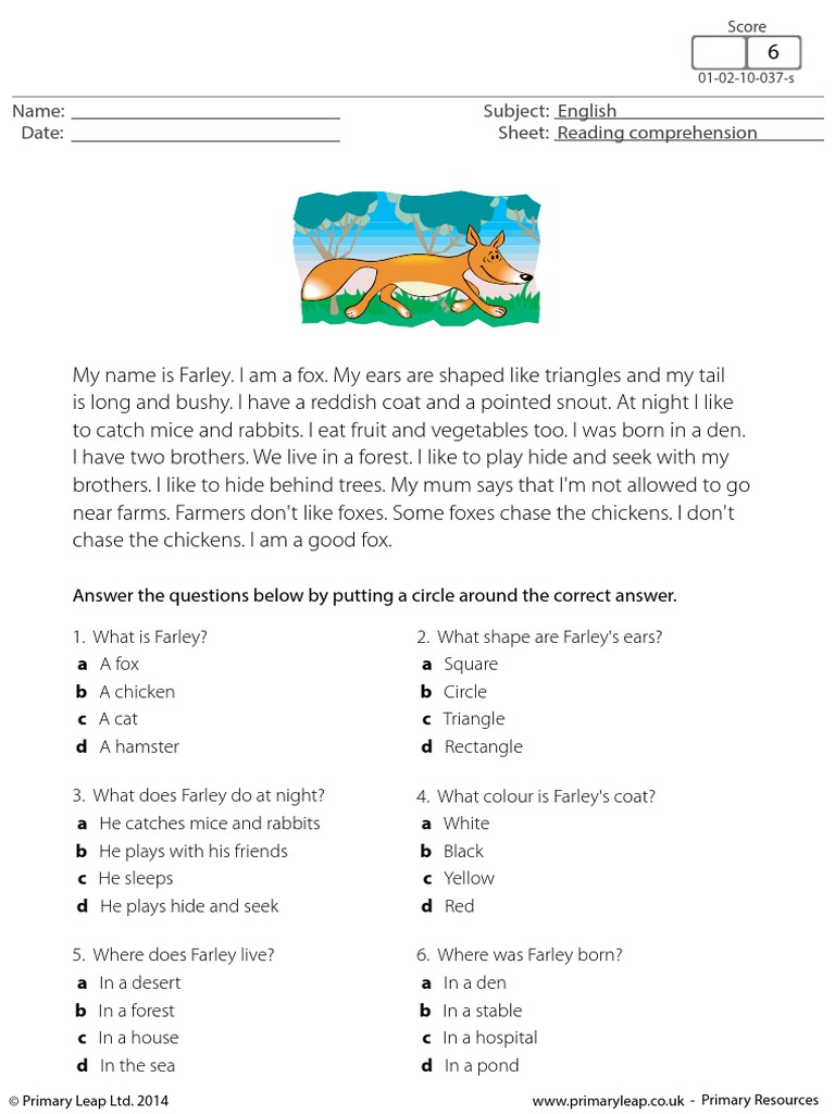 Farley The Fox Reading Comprehension | PDF