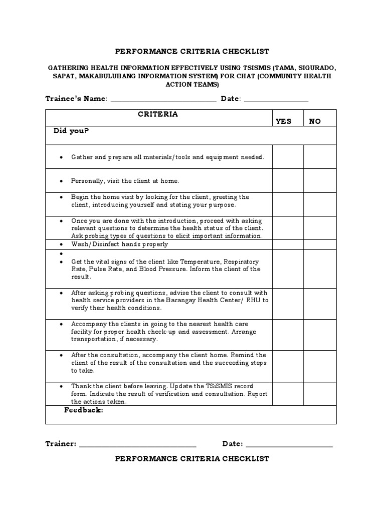 Performance Criteria Checklist | PDF | Hand Washing | Wellness