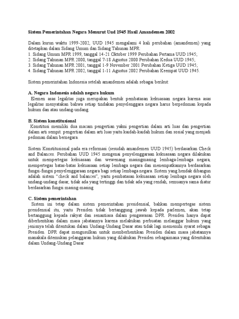 Sistem Pemerintahan Negara Menurut Uud 1945 Hasil Amandemen 2002 Pdf 