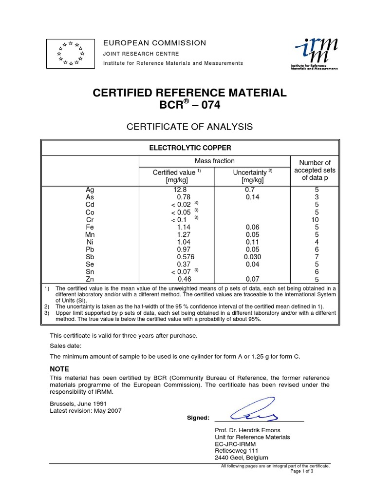 Certified Reference Material BCR - 074: Certificate of Analysis | PDF ...