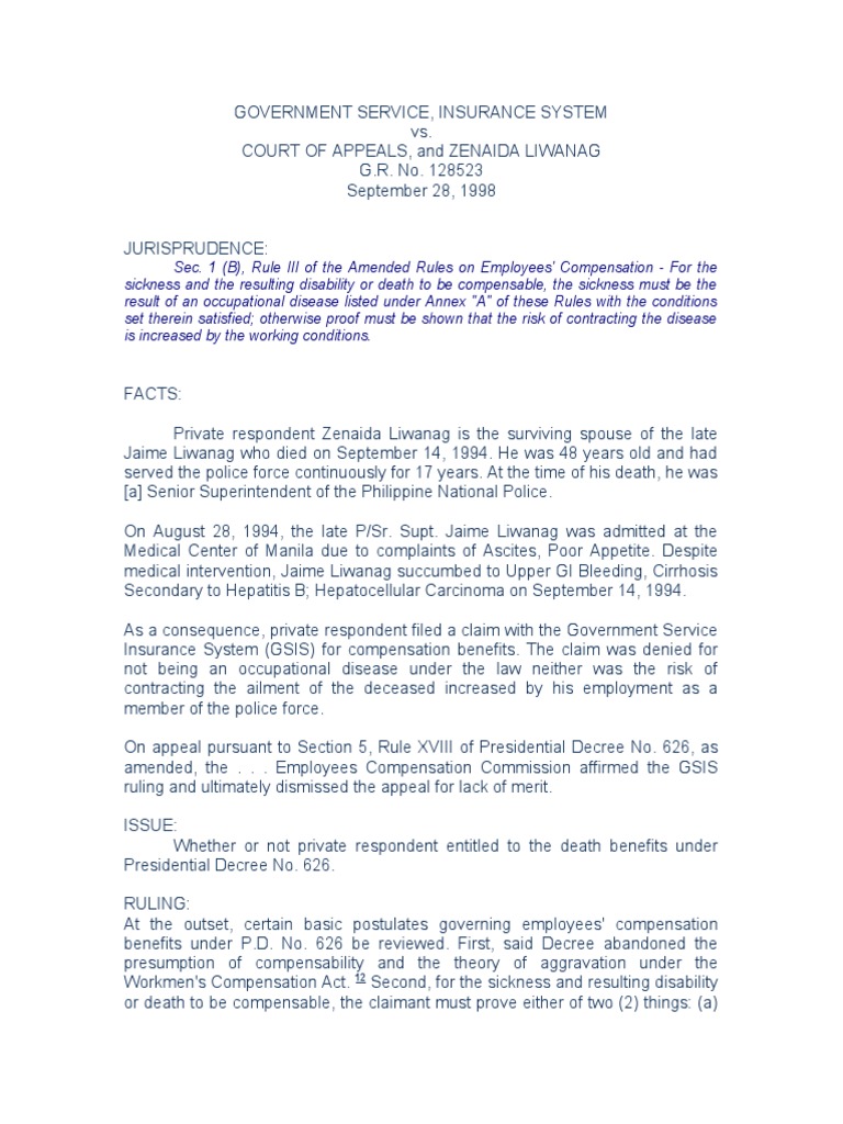 GSIS Death Benefits Ruling: Liwanag Case | PDF | Evidence | Justice