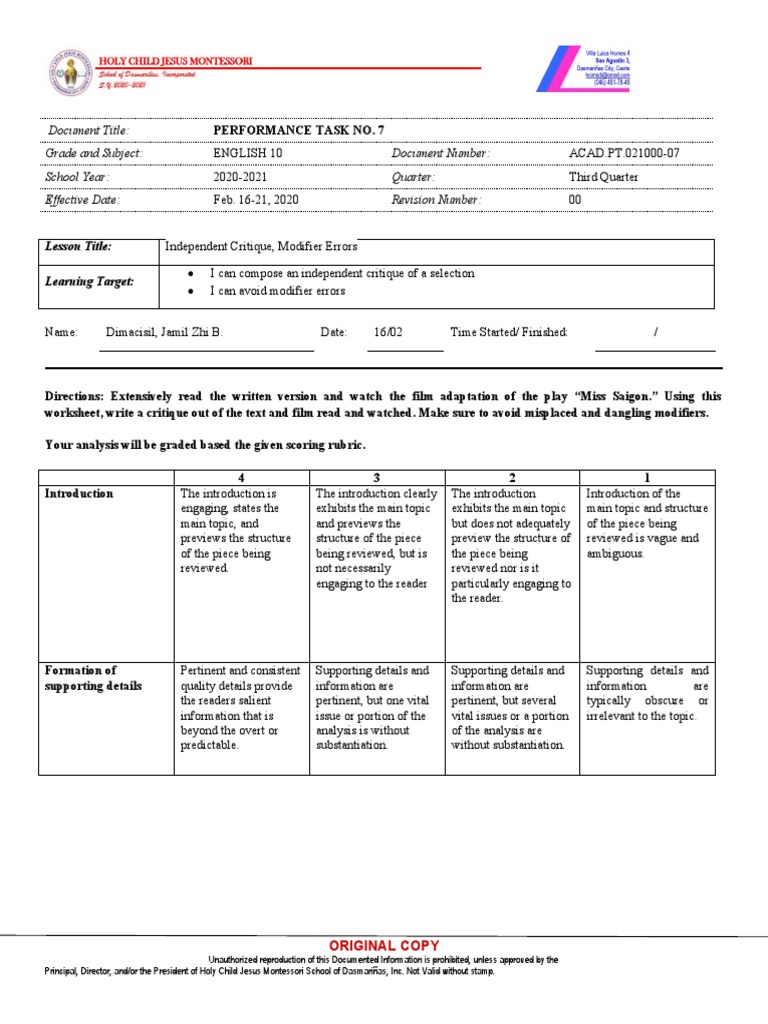Document Title: Grade and Subject: Document Number: School Year ...