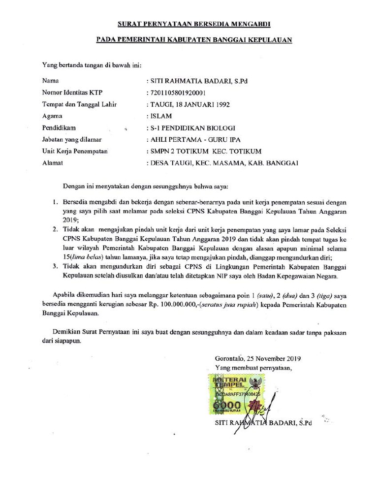 Surat Pernyataan Bersedia Mengabdi Pada Pemerintah Kab Banggai Kepulauan | PDF