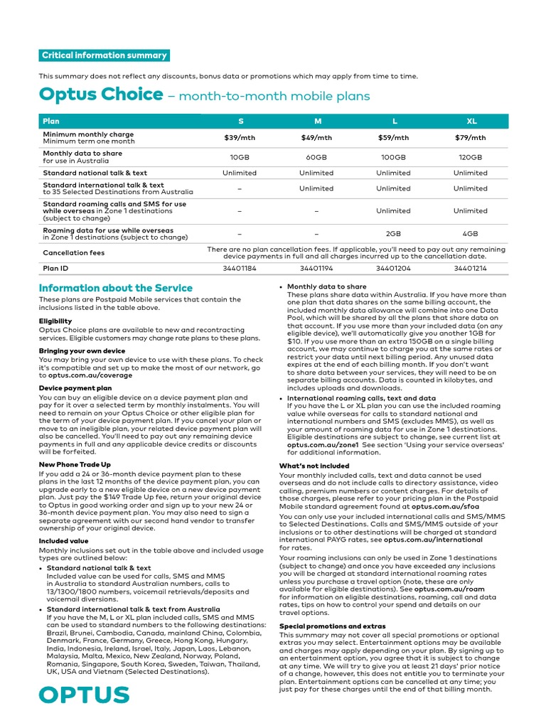 Optus Choice: - Month-To-Month Mobile Plans | Download Free PDF ...