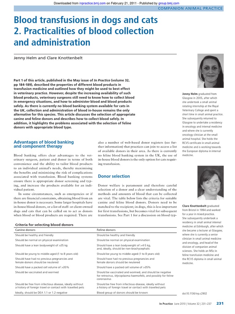 Blood Transfusions in Dogs and Cats 2. Practicalities of Blood ...