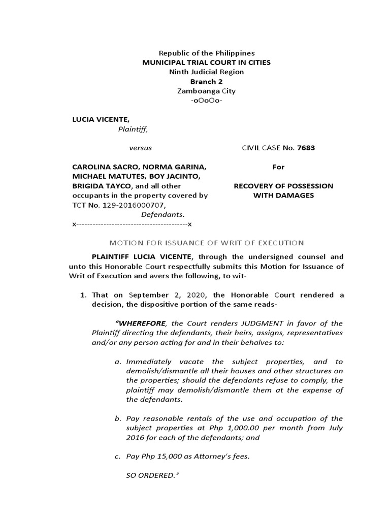 Writ of Execution Motion in Zamboanga Case | PDF | Judgment (Law ...