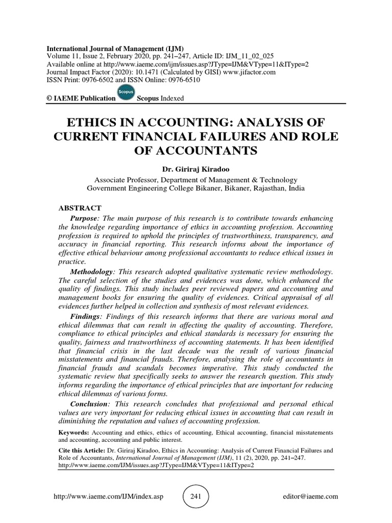 Ethics in Accounting: Analysis of Current Financial Failures and Role ...