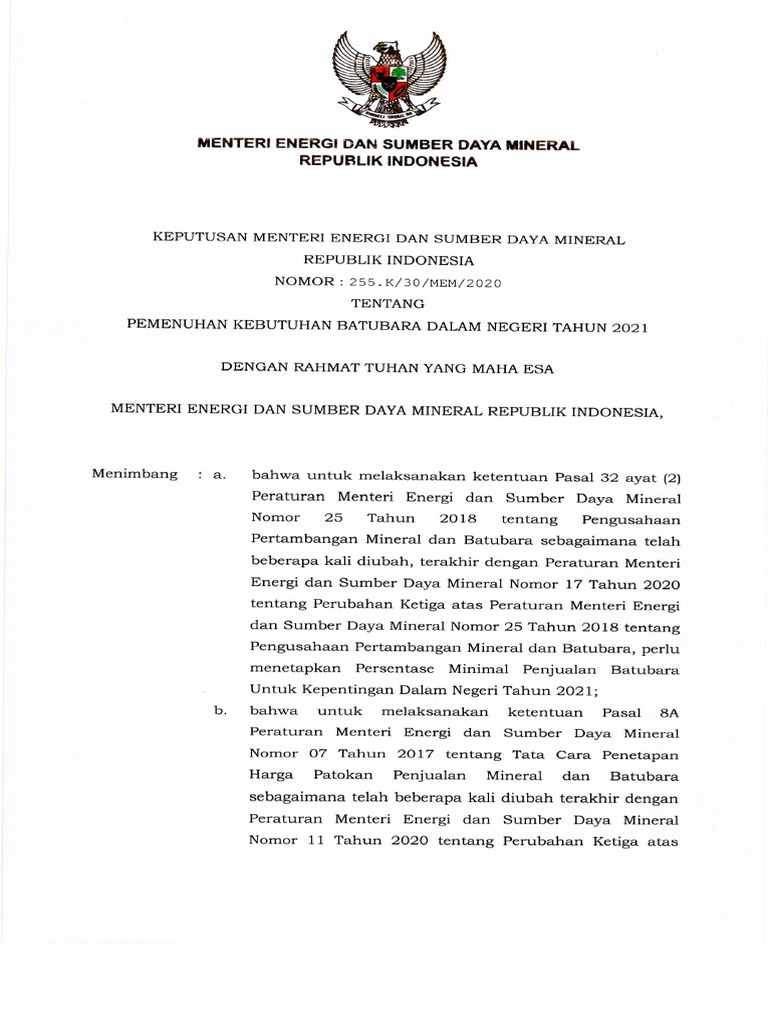 KepMen ESDM No. 255 K THN 2020 - Pemenuhan Kebutuhan Batubara Dalam ...