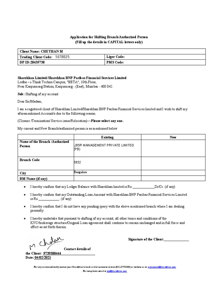 Application For Shifting Branch - Sharekhan LTD & SBPFSL - Final | PDF ...