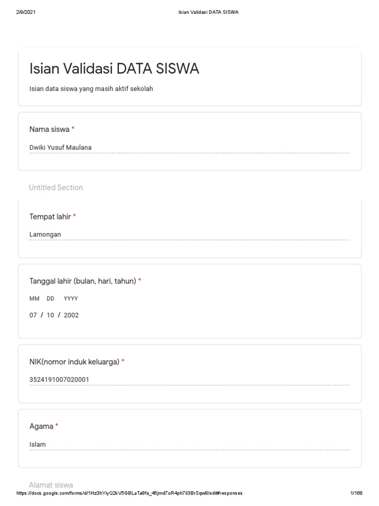 Isian Validasi DATA SISWA - Google Forms 28 | PDF
