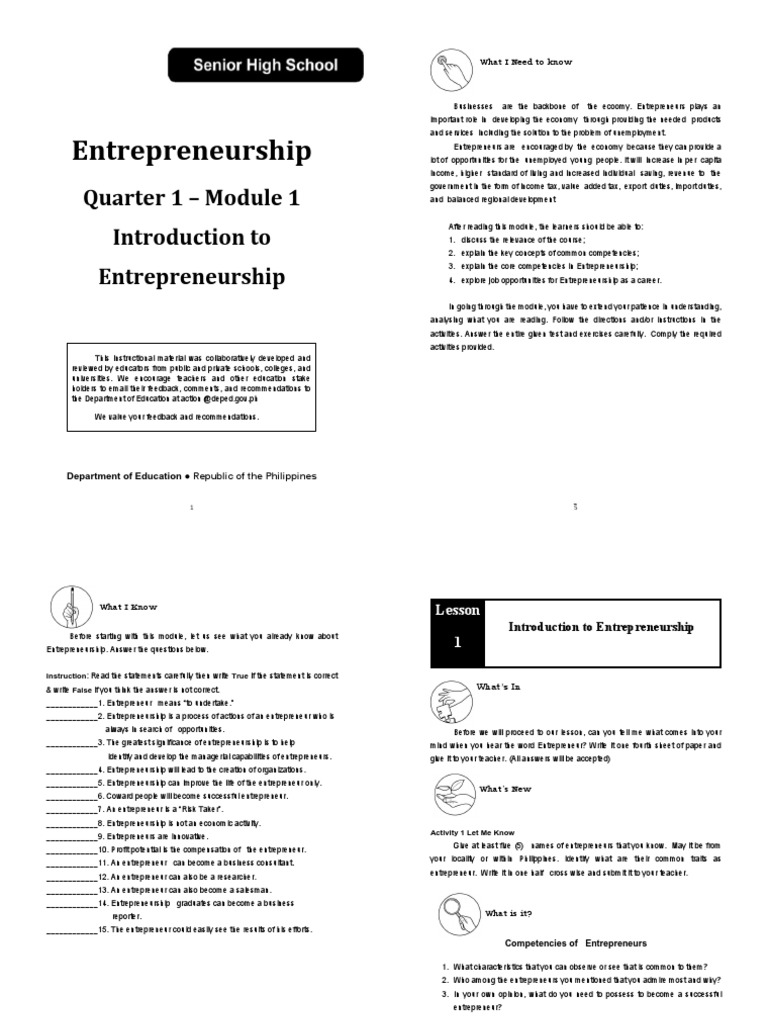 Entrepreneurship: Quarter 1 - Module 1 Introduction To Entrepreneurship ...