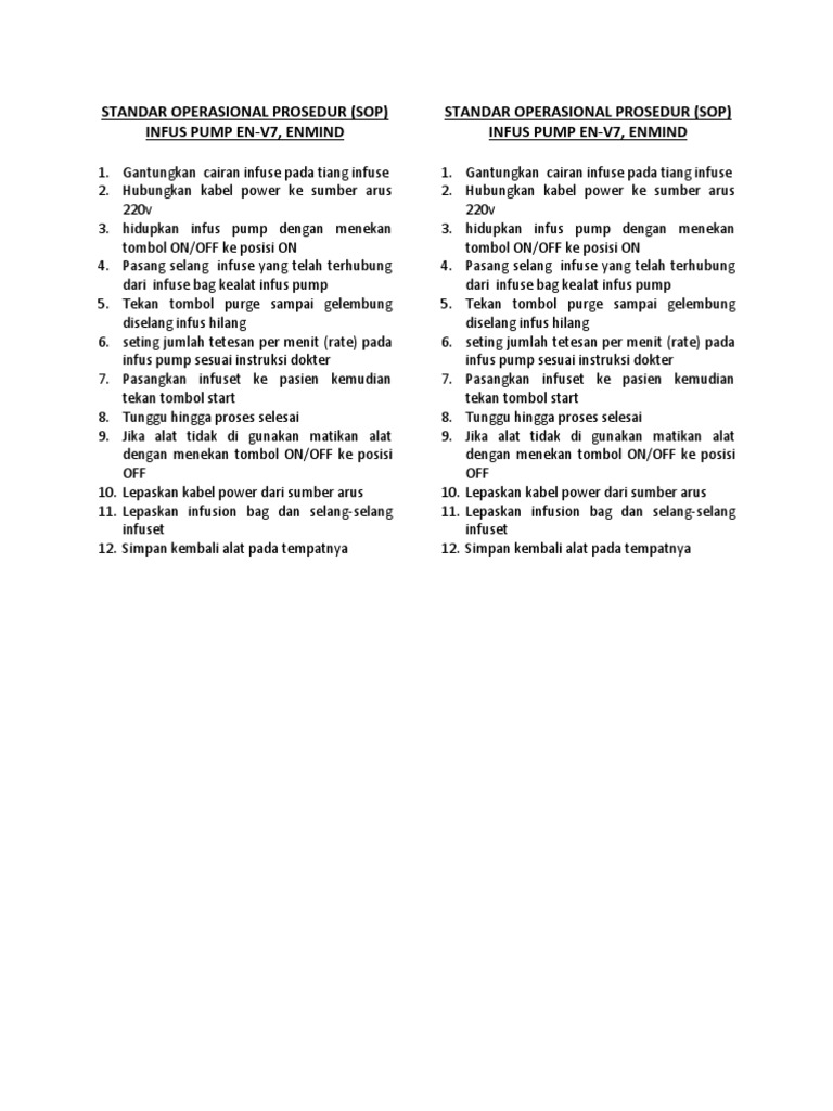 Standar Operasional Prosedur (Sop) Infus Pump Enmind (Cdakb) | PDF