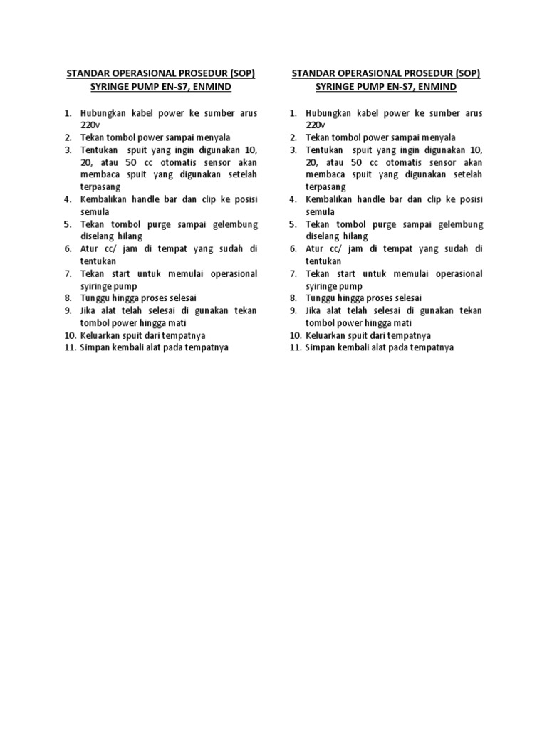 Standar Operasional Prosedur (Sop) Syringe Pump Enmind (Cdakb) | PDF