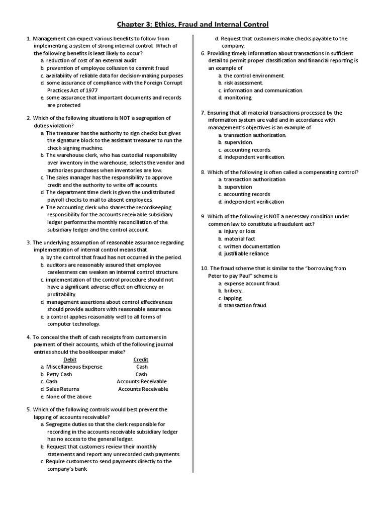 Ethics, Fraud and Internal Control - MCQ | PDF | Internal Control | Accounting