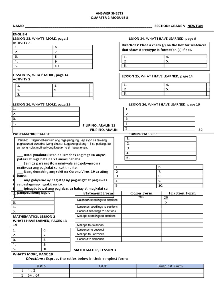 Answer Sheets q2 w8 | PDF | Teaching Mathematics