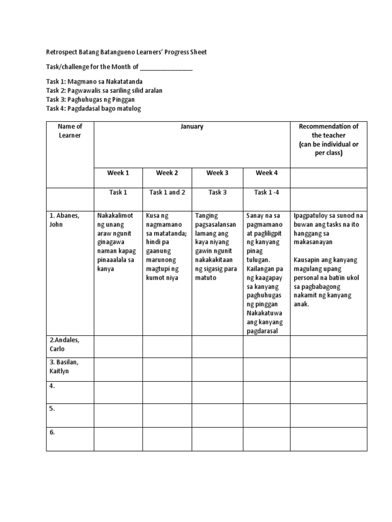 RBB Learners Progress Sheet | PDF