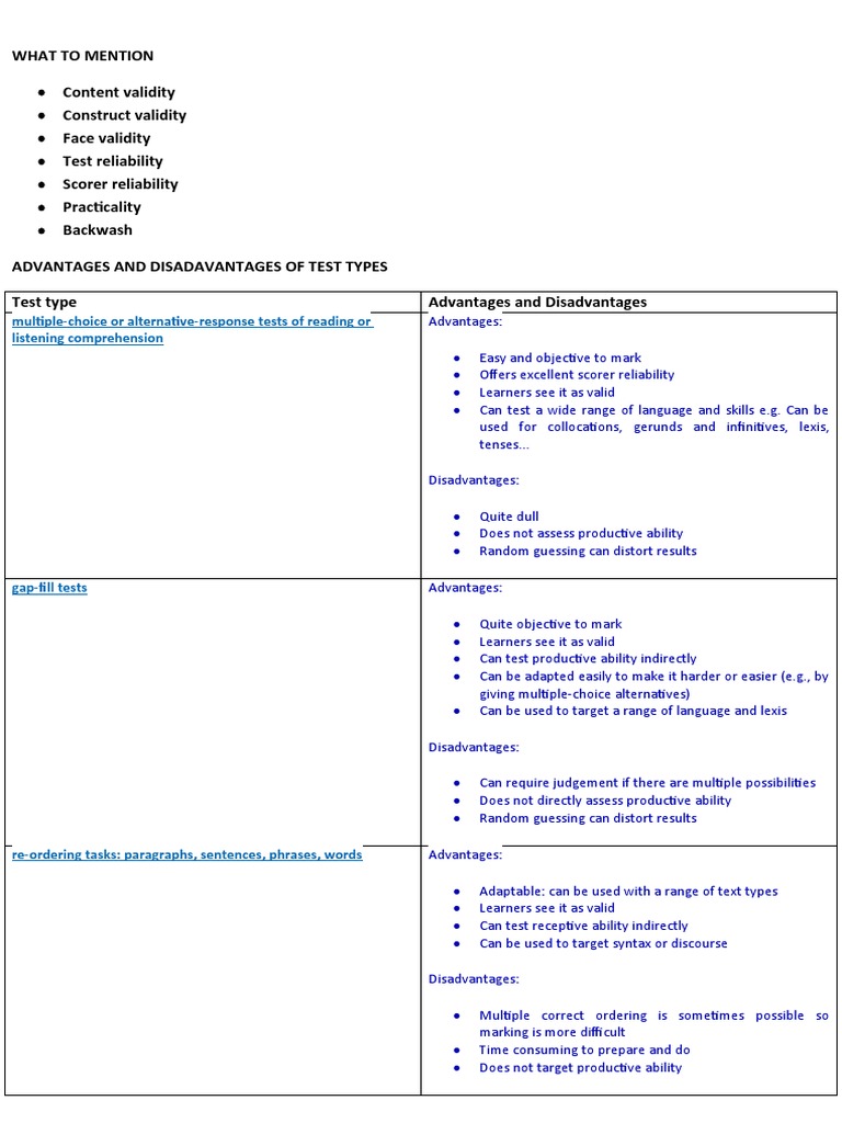 Advantages and Disadavantages of Test Types | PDF | Validity ...