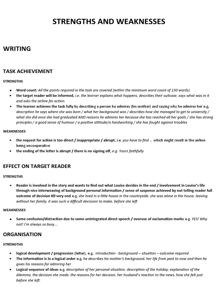 Strengths and Weaknesses Paper1 T5 | PDF | Languages | Language Arts ...