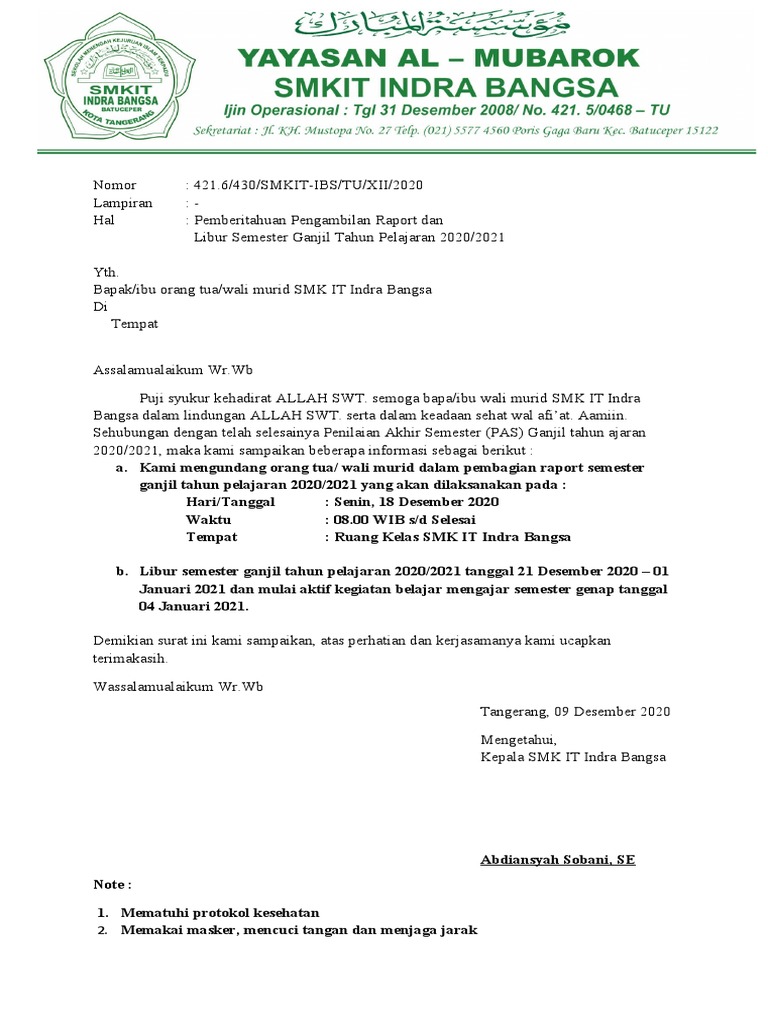 Surat Pemberitahuan Libur Dan Pengambilan Raport | PDF Surat Pemberitahuan Libur Dan Pengambilan Raport | PDF
