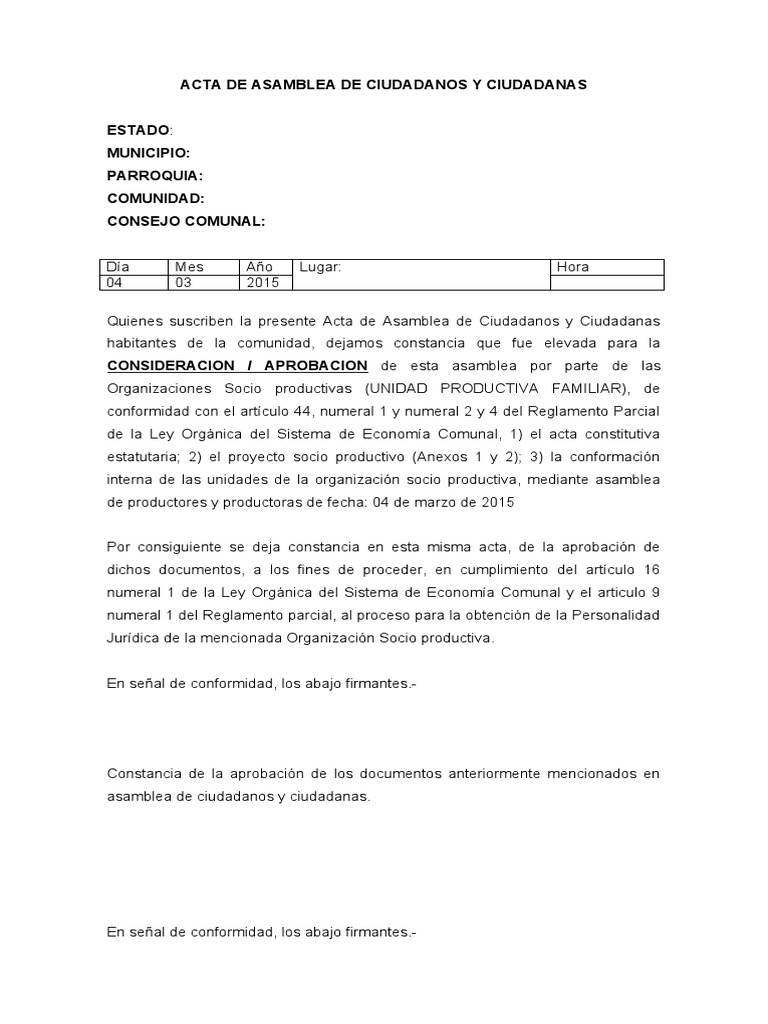 Acta de Asamblea de FORMATO | PDF