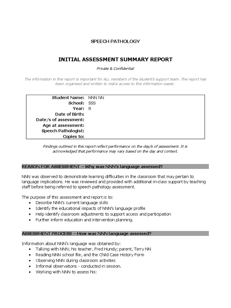 Initial Assessment Summary Report: Speech Pathology | PDF | Speech ...