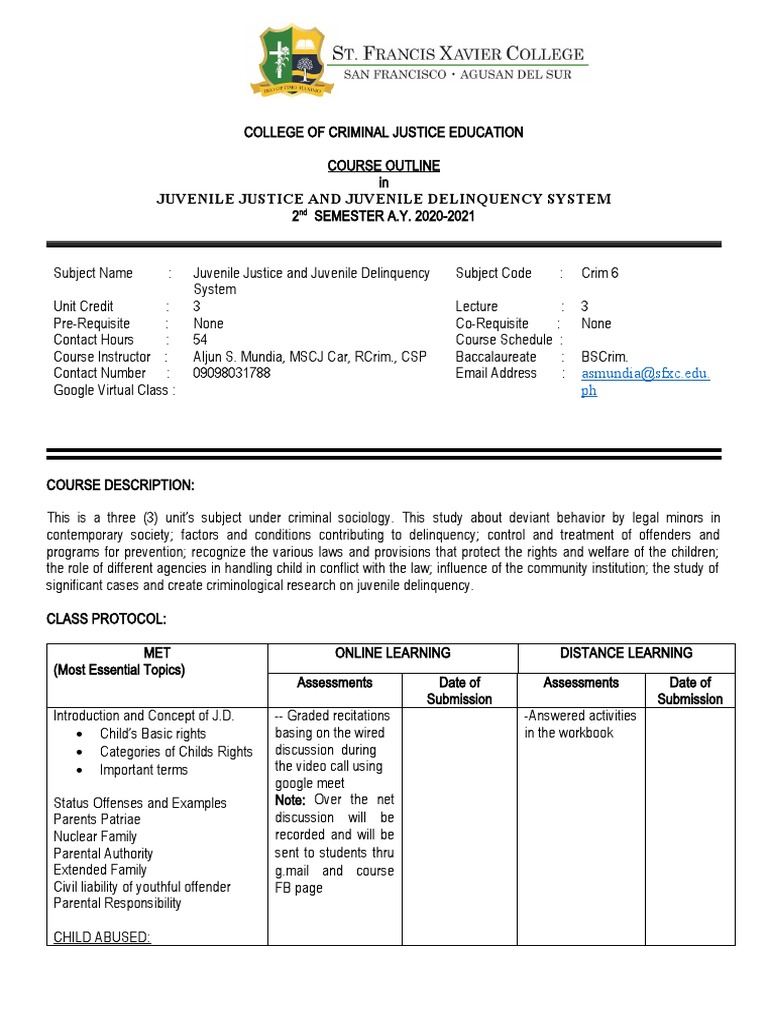 Juvenile Justice Course Outline 2020-2021 | PDF | Juvenile Delinquency ...