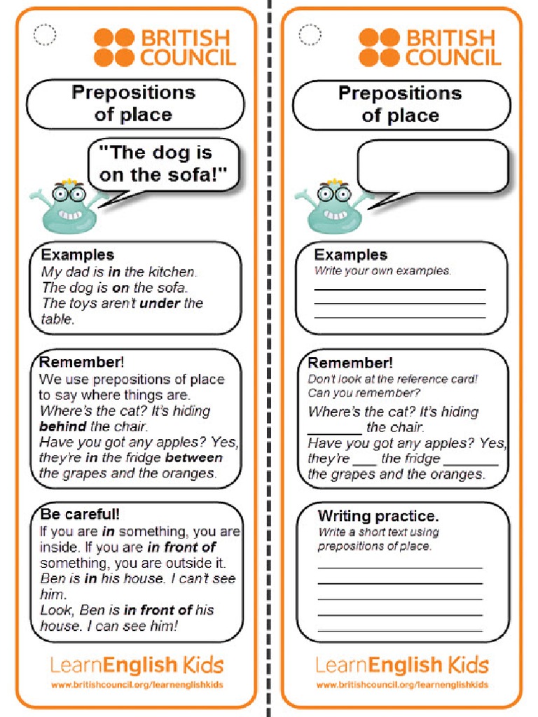 Grammar Practice Reference Card Prepositions of Place | PDF